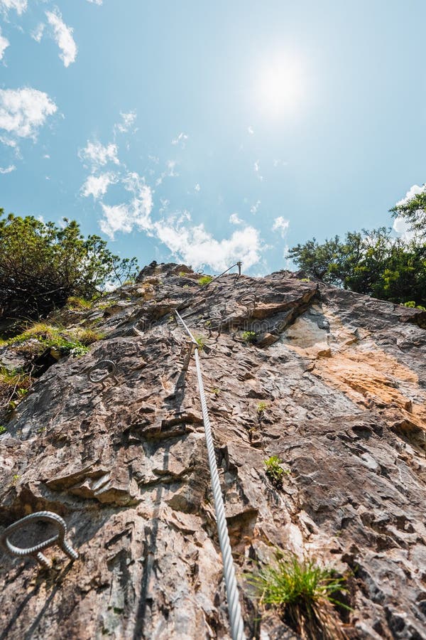 Via Ferrata Along a Steep Face Stone Cliff Wall Stock Image - Image of ...