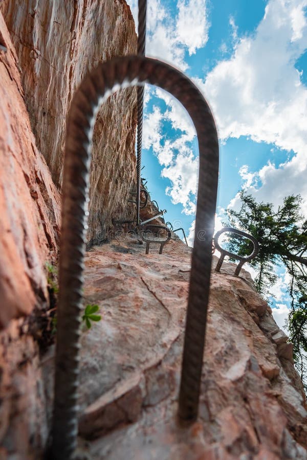 Via Ferrata Climbing Action Path Up a Steep Stone Wall Stock Image ...