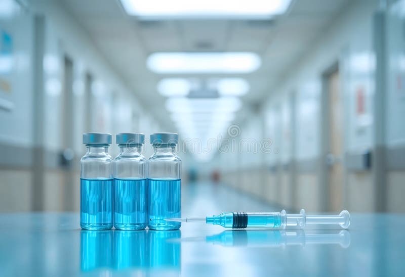 Vials of Blue Liquid with a Syringe on a Reflective Surface ...
