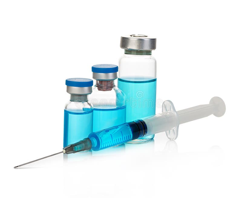 Vial With Blue Medication Solution, Ampoule, And Syringe Isolated On A ...