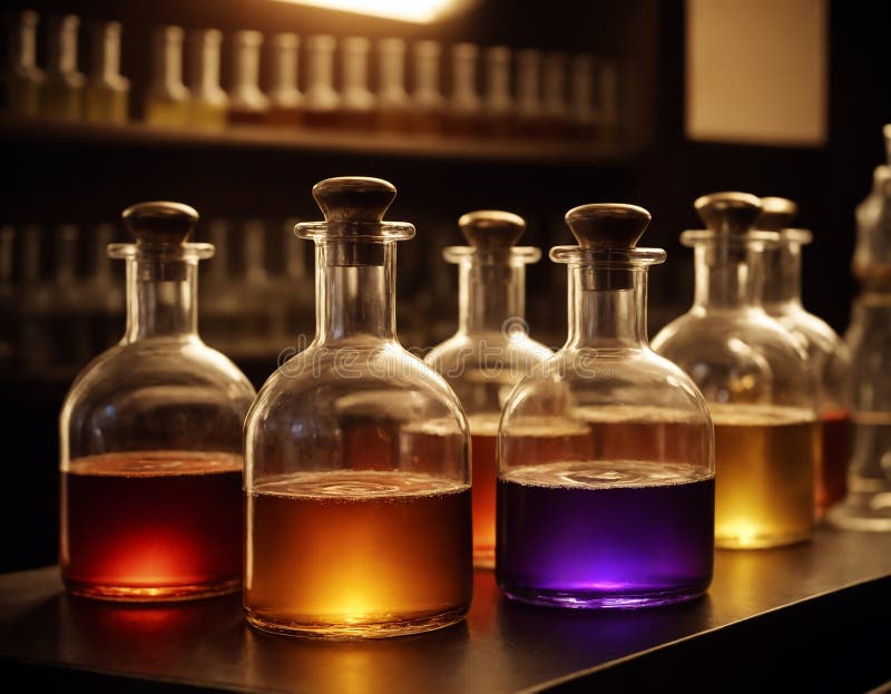 Vials and Bottles with Colorful Magic Potion in Laboratory. Stock ...