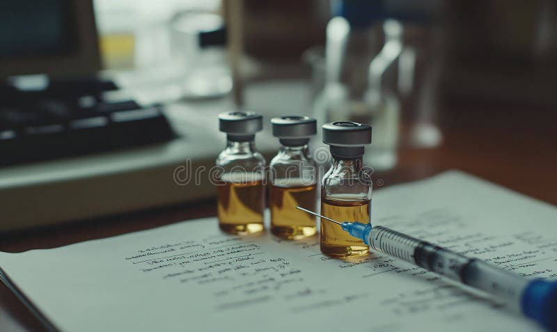 Vials of Liquid and Syringe on a Desk with Handwritten Notes Stock ...