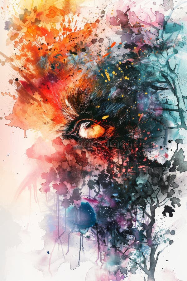 Vibrant Abstract Art with Eye and Tree Elements in a Splash of Colors ...