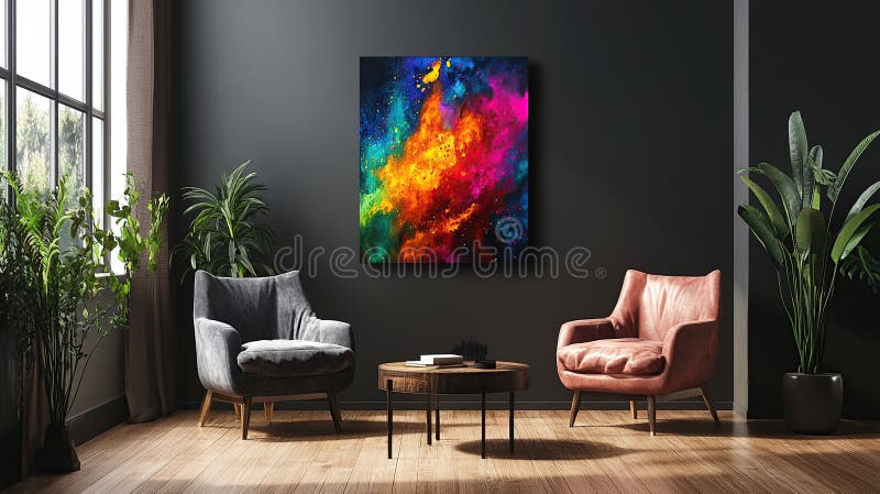 Vibrant Abstract Art Hangs in Modern Living Room Stock Photo - Image of ...
