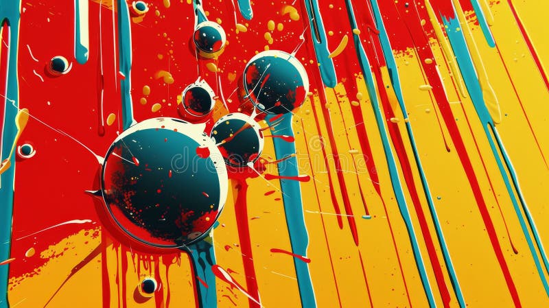 Vibrant Abstract Art Paint Drips and Metallic Bubbles on Yellow ...