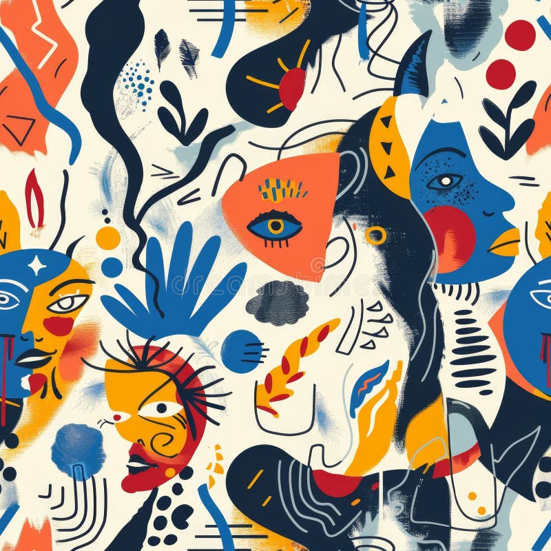 Vibrant Abstract Art with Stylized Faces and Geometric Shapes Stock ...