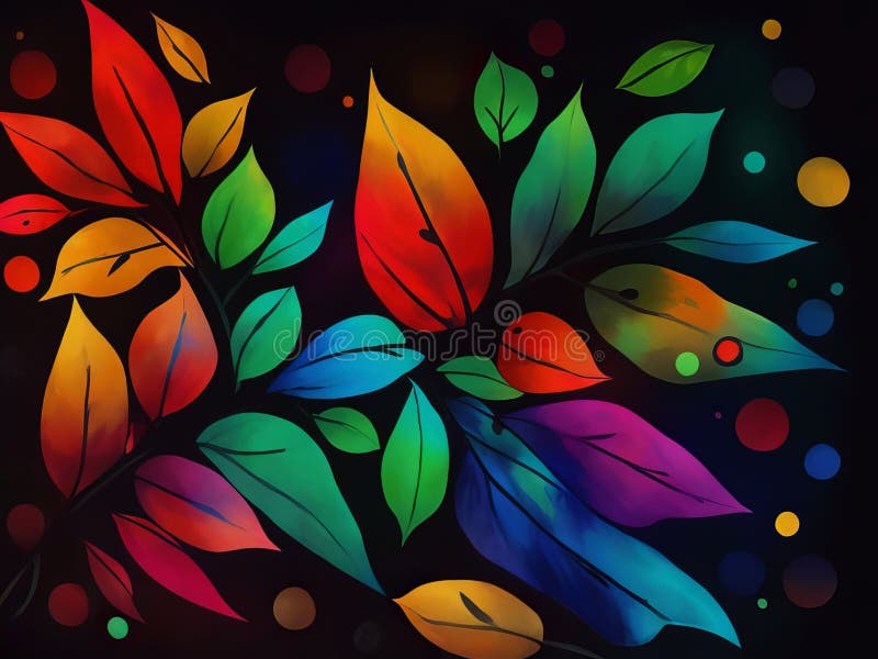 A Vibrant Abstract Artwork on a Black Backdrop that Features Leaves and ...