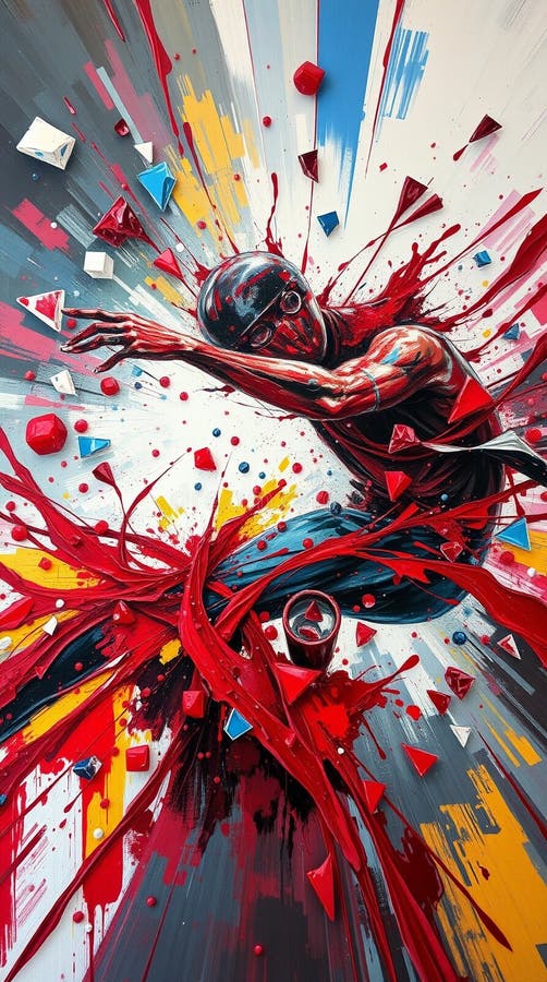 Dynamic Abstract Painting of a Figure Diving into a Splash of Vibrant ...