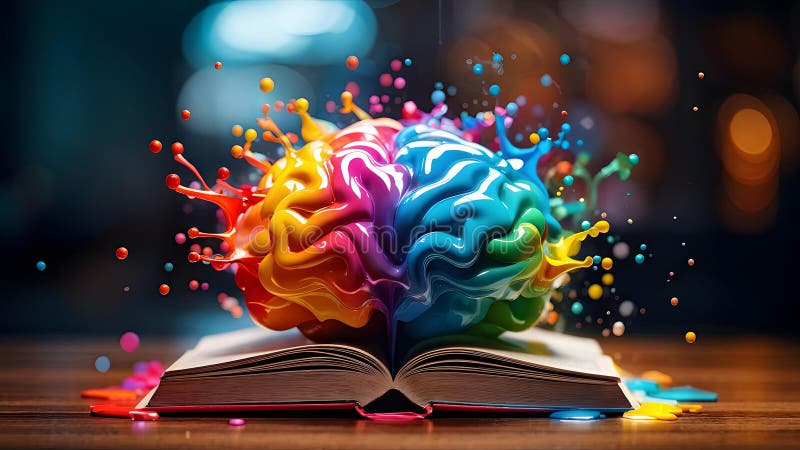 Vibrant Abstract Brain Explosion Emerging from Open Book, Multicolored ...