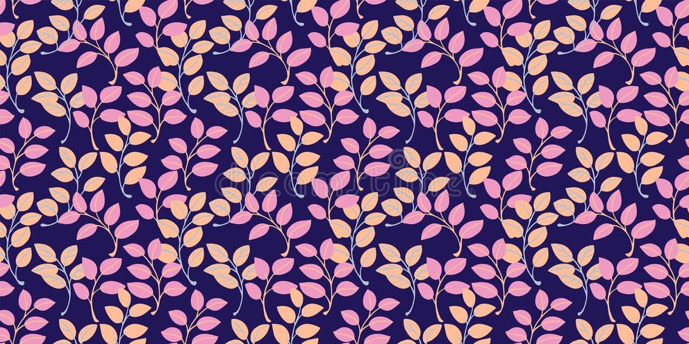 Vibrant Abstract Branches Leaves Seamless Pattern on a Dark Blue ...