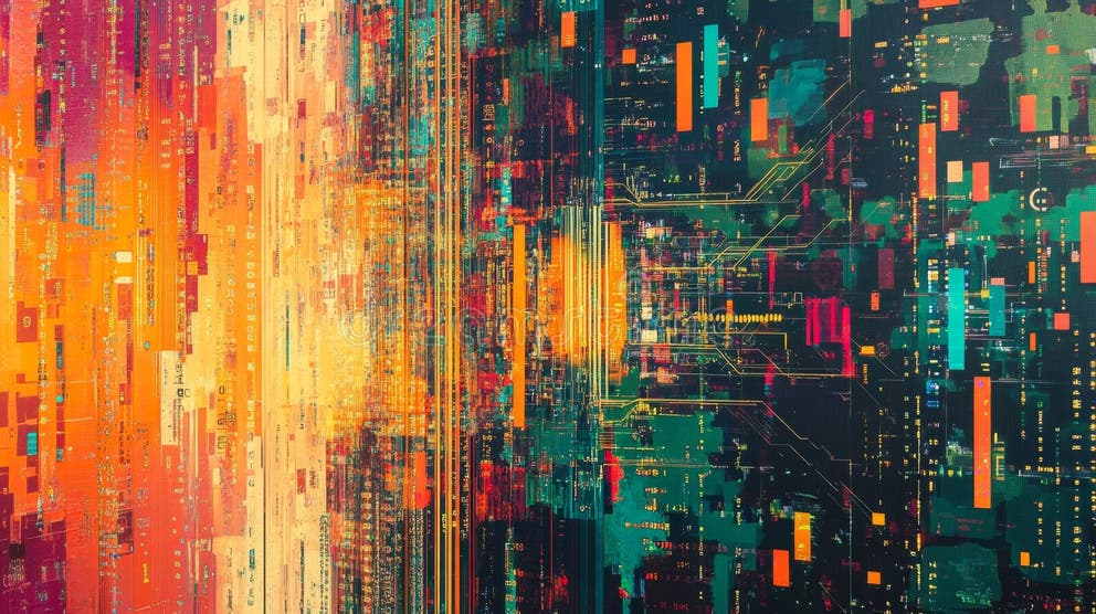 Vibrant Abstract Canvas of Binary Code and Circuit Patterns Stock ...
