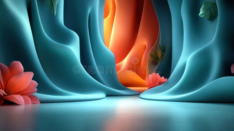 A Vibrant, Abstract Cave-like Space with Flowing Shapes and Floral ...