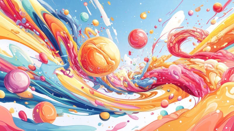 A Vibrant Abstract Composition Featuring Swirling Colors and Spherical ...