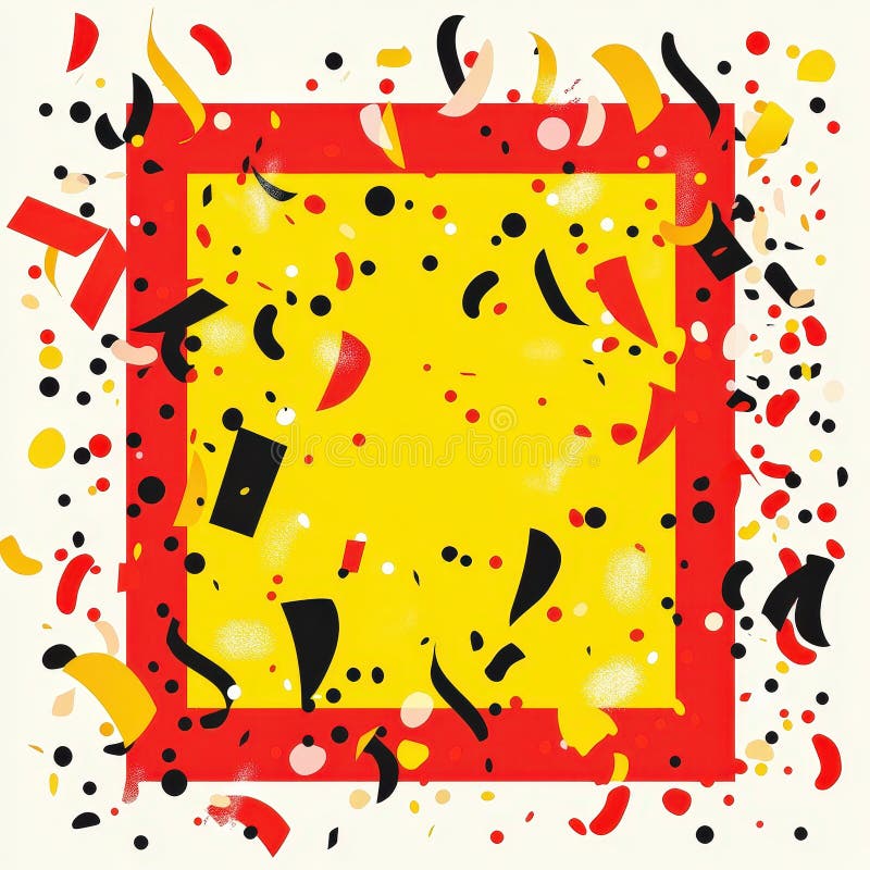 Abstract Confetti Explosion with Red Square Frame and Yellow Background ...