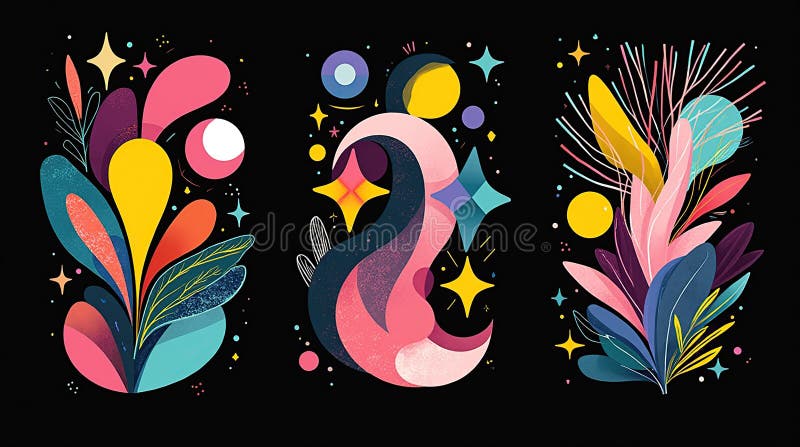 Vibrant Abstract Designs with Geometric Shapes and Bold Colors on Black ...