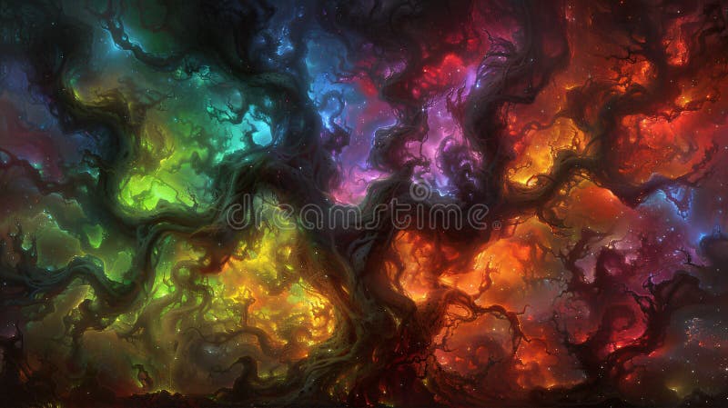 Abstract Digital Art with Dark Tree Branches Against a Glowing, Rainbow ...