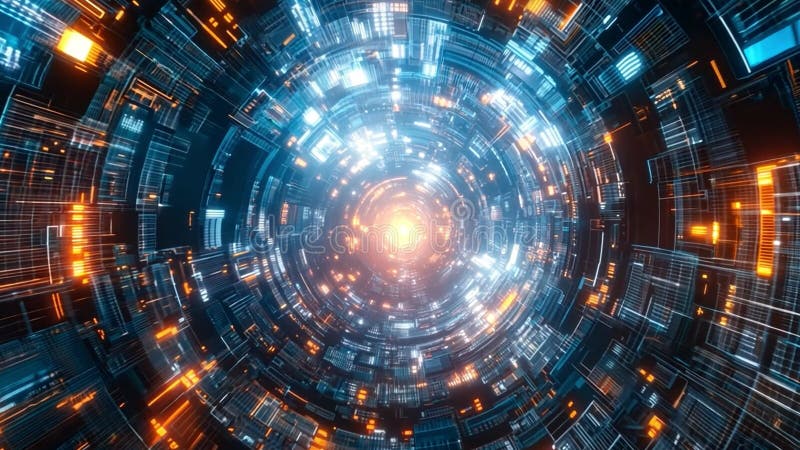 A Vibrant Abstract Digital Tunnel with Glowing Blue and Orange Patterns Created by Advanced ...