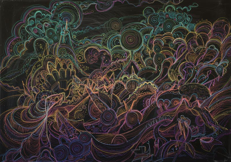 Vibrant Abstract Doodle Art on Black Background with Colorful Swirls ...