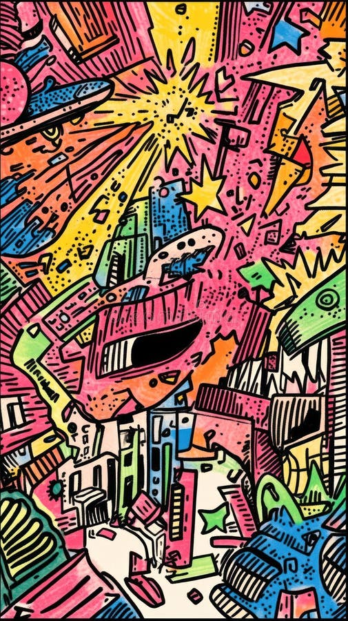 A Vibrant, Abstract Explosion of Colors Depicting a Chaotic Urban Scene ...