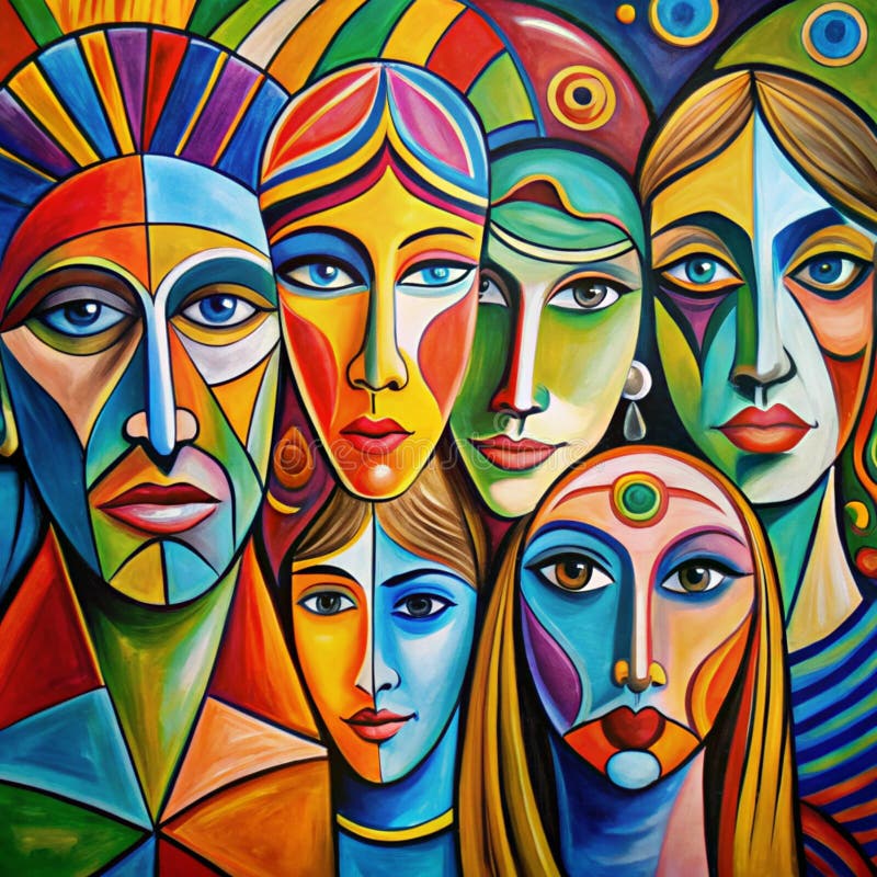 Vibrant Abstract Faces in a Group Portrait. Mosaic-style Faces in Bold ...