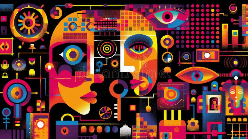 Vibrant Abstract Faces with Keyholes and Keys, Surrounded by Geometric ...