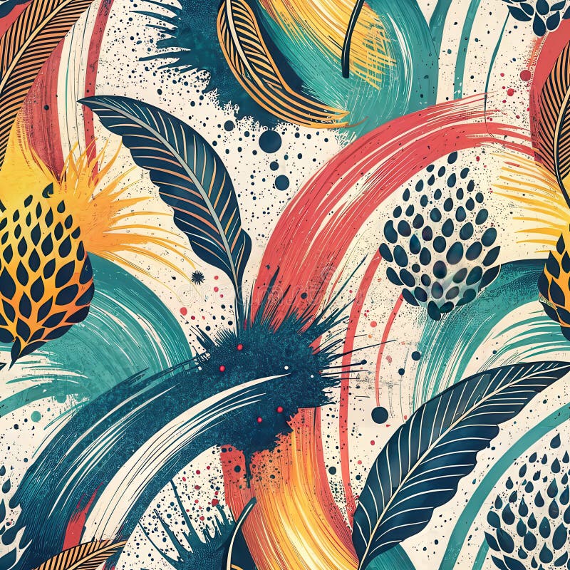 Vibrant Abstract Floral Pattern with Feathers and Leaves: a Modern Art Explosion Stock Image ...