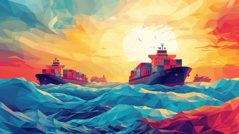 Abstract Colorful Illustration with Lowpoly Cargo Ships Sailing on ...