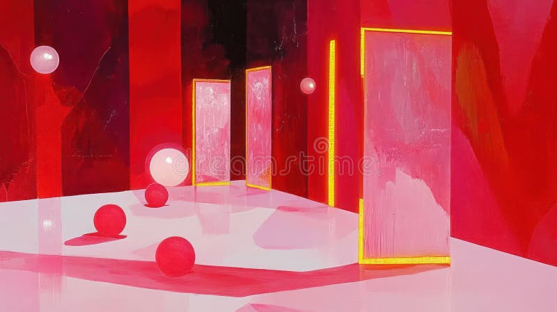 A Vibrant, Abstract Interior Featuring Glowing Doors and Spherical ...