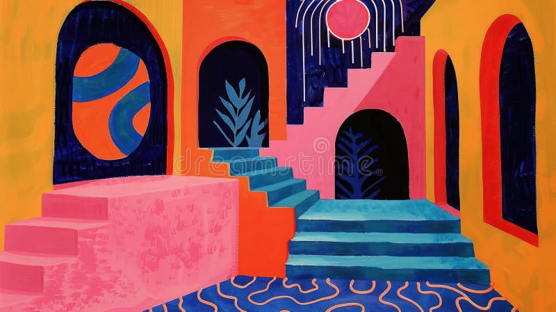 A Vibrant, Abstract Interior Scene Featuring Colorful Stairs and Arches ...