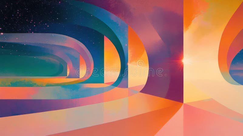 A Vibrant, Abstract Landscape with Colorful Arches and a Cosmic ...