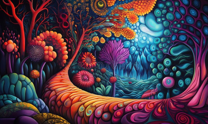 Vibrant Abstract Landscape with Colorful Flora and Surreal Trees Stock ...
