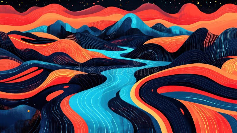 A Vibrant, Abstract Landscape Featuring Flowing Rivers and Rolling ...