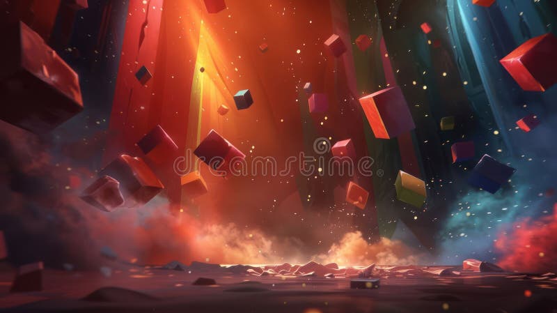 A Vibrant, Abstract Landscape with Floating Cubes and Colorful Light ...