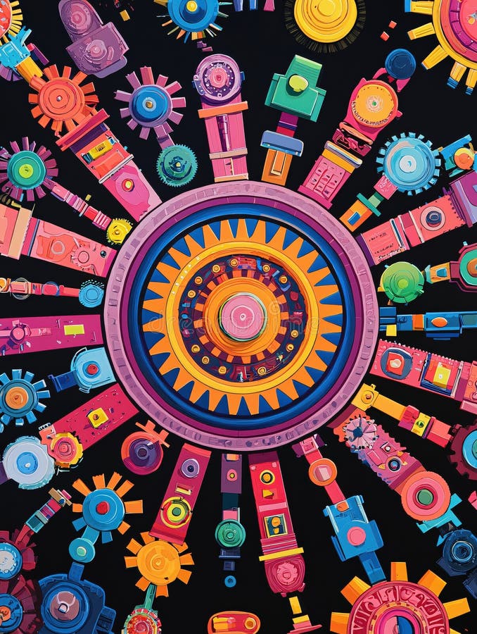 Vibrant Abstract Mandala of Interlocking Gears and Colorful Components ...