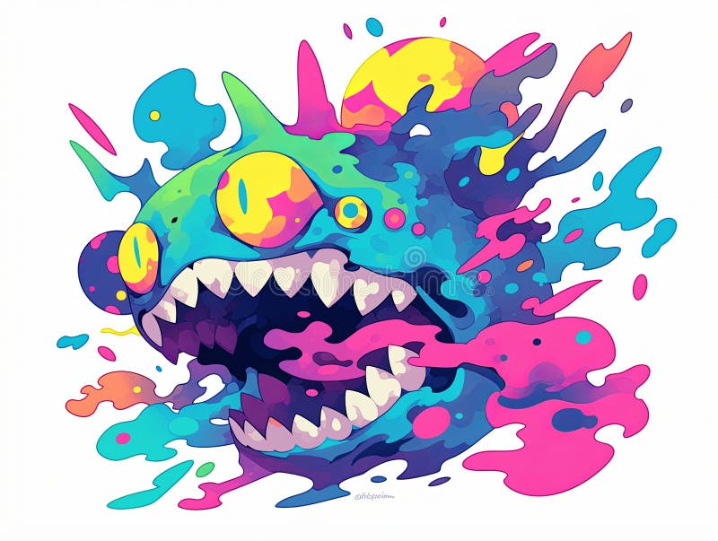 Vibrant, Abstract Monster Head with Sharp Teeth, Large Eyes, and ...