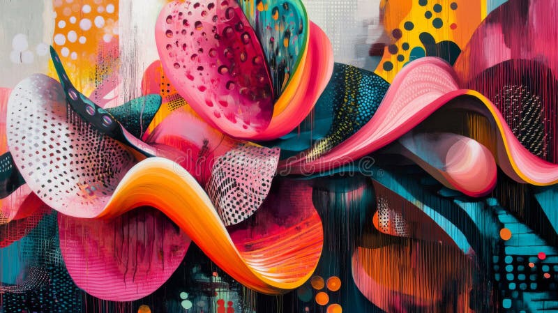 Vibrant Abstract Mural with Pink Orange and Teal Waves Stock ...