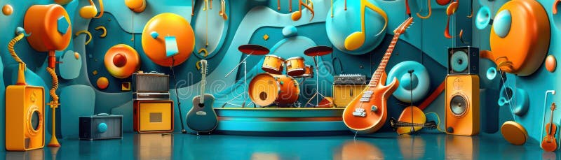 Vibrant Abstract Music Room with Floating Instruments in 3D Stock ...