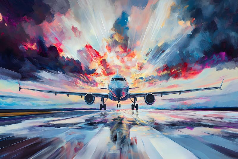 Vibrant Abstract Painting of Airplane at Sunset with Dramatic Sky Stock ...