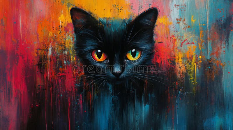 Vibrant Abstract Painting of a Black Cat Stock Illustration ...