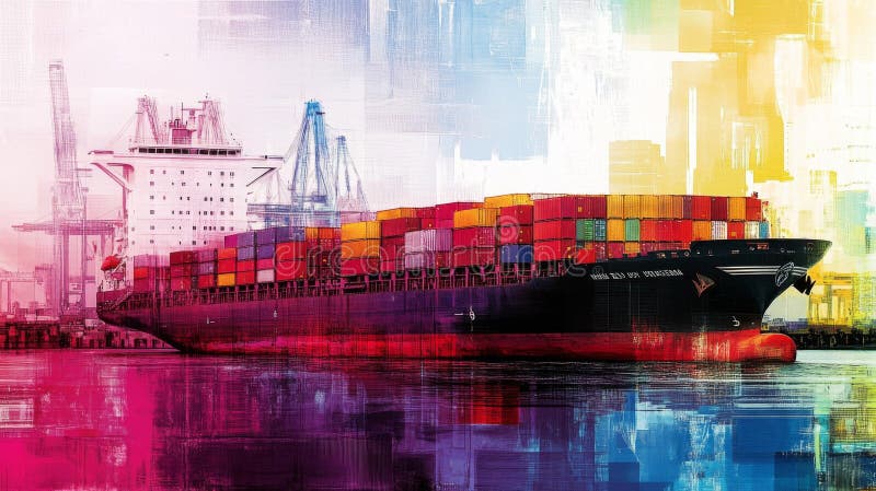 Vibrant Abstract Painting of a Container Ship at a Busy Port Stock ...