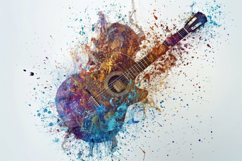 A Vibrant, Abstract Painting Depicting a Guitar Exploding with Color ...