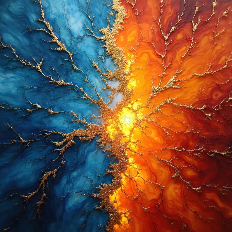 Vibrant Abstract Painting Divided into Two Sections. Upper Section Rich Blue with Gold-like ...