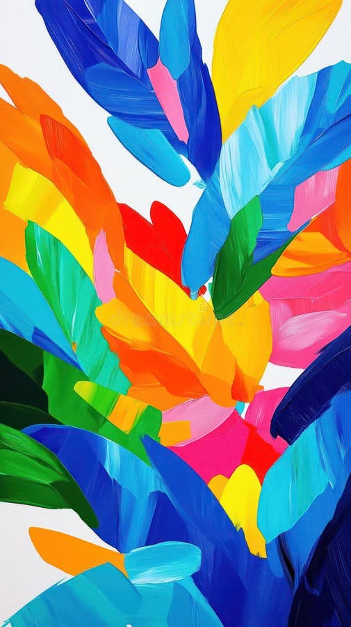 A Vibrant Abstract Painting Featuring Colorful, Overlapping Leaf Shapes ...