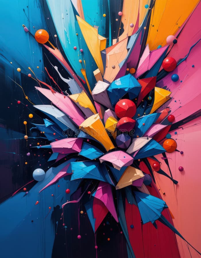 Abstract Colourful Explosion Art Painting with Geometric Shapes and Vibrant Colours Design Style ...