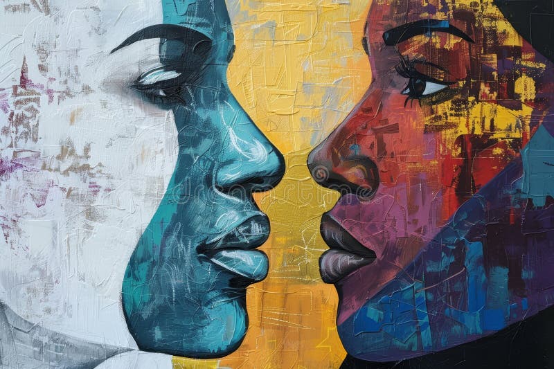 A Vibrant Abstract Painting Portrays Two Faces Facing Each Other ...