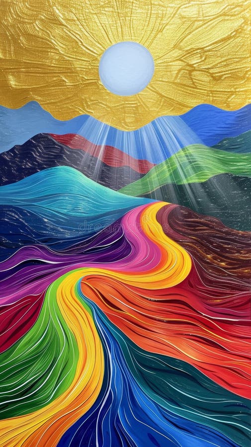 Vibrant Abstract Painting of a Sun Over Multicolored Mountains and Wavy ...
