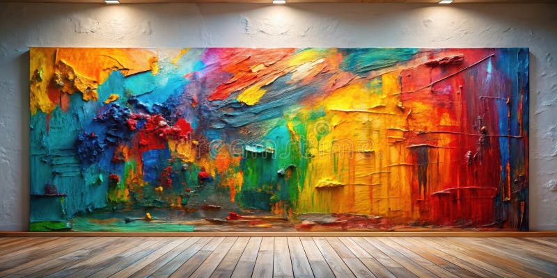 Vibrant Abstract Painting on a Wooden Floor in a Modern Gallery Setting ...