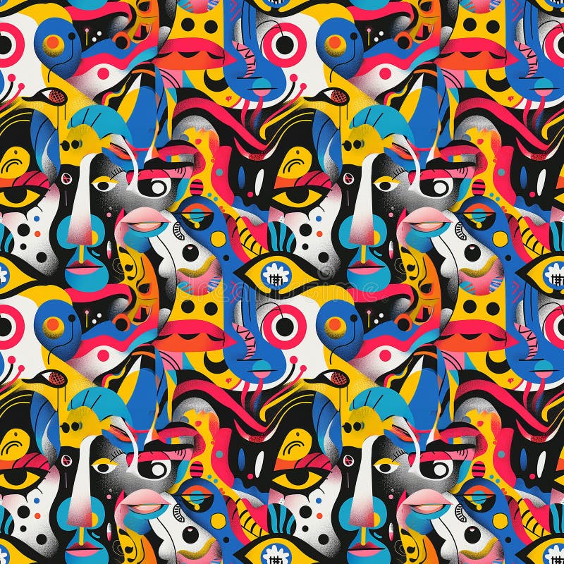 Abstract Colorful Pattern with Faces, Eyes, and Geometric Shapes Stock ...