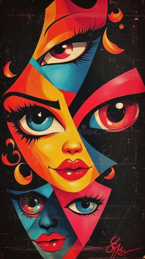 A Vibrant, Abstract Portrait Featuring Stylized Faces and Eyes in Bold ...
