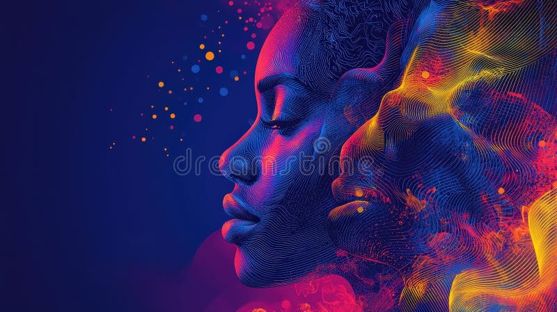 Vibrant Abstract Portrait of Woman with Colorful Waves and Patterns in ...